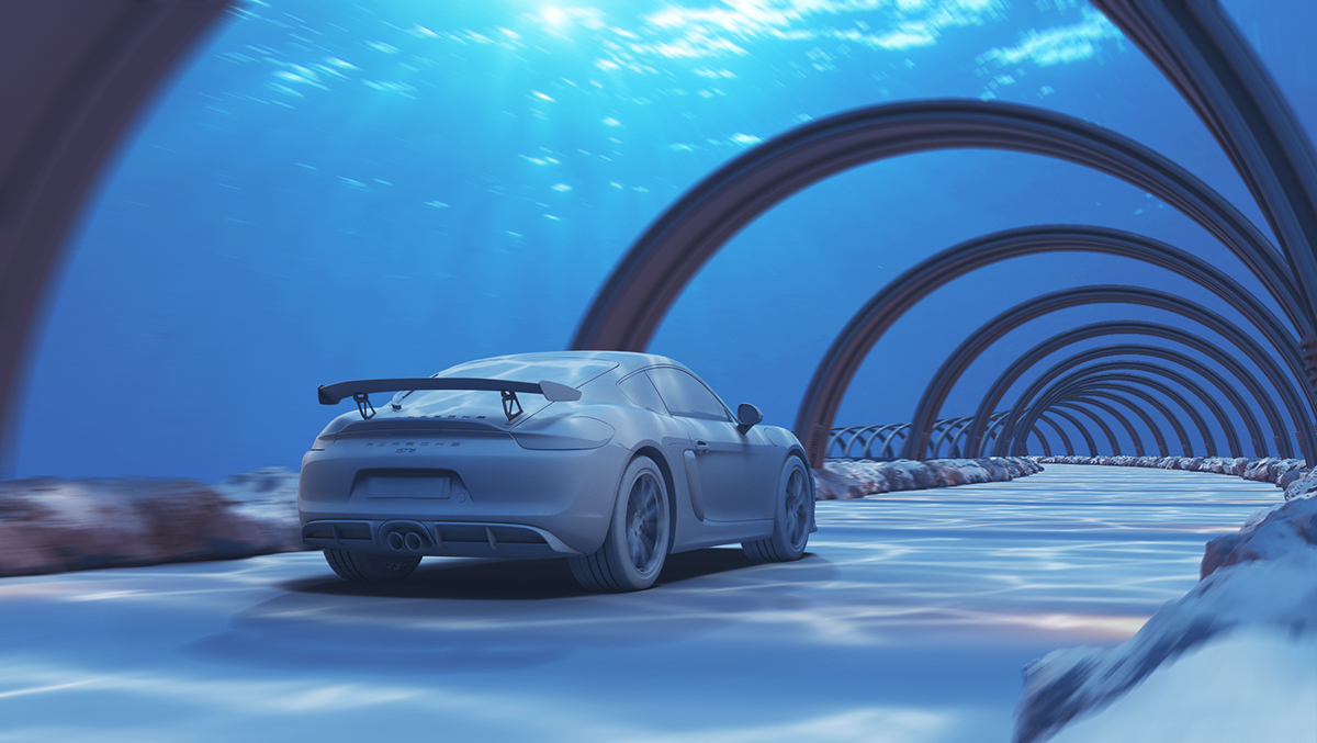 Porsche Cayman GT4 in an underwater tunnel - Shiftndrive